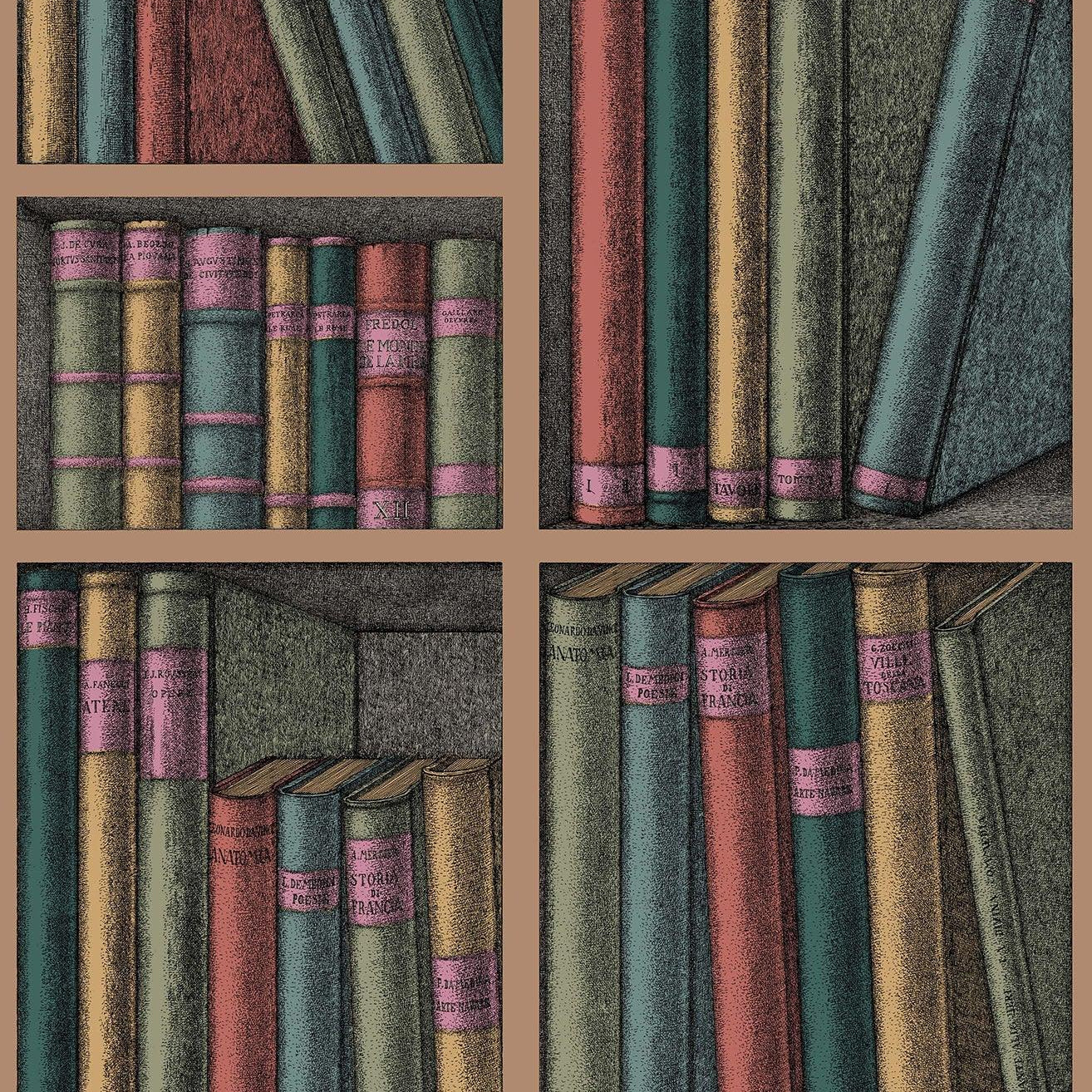 Wallpaper with a library and books motif FORNASETTI - Ex Libris multic ...